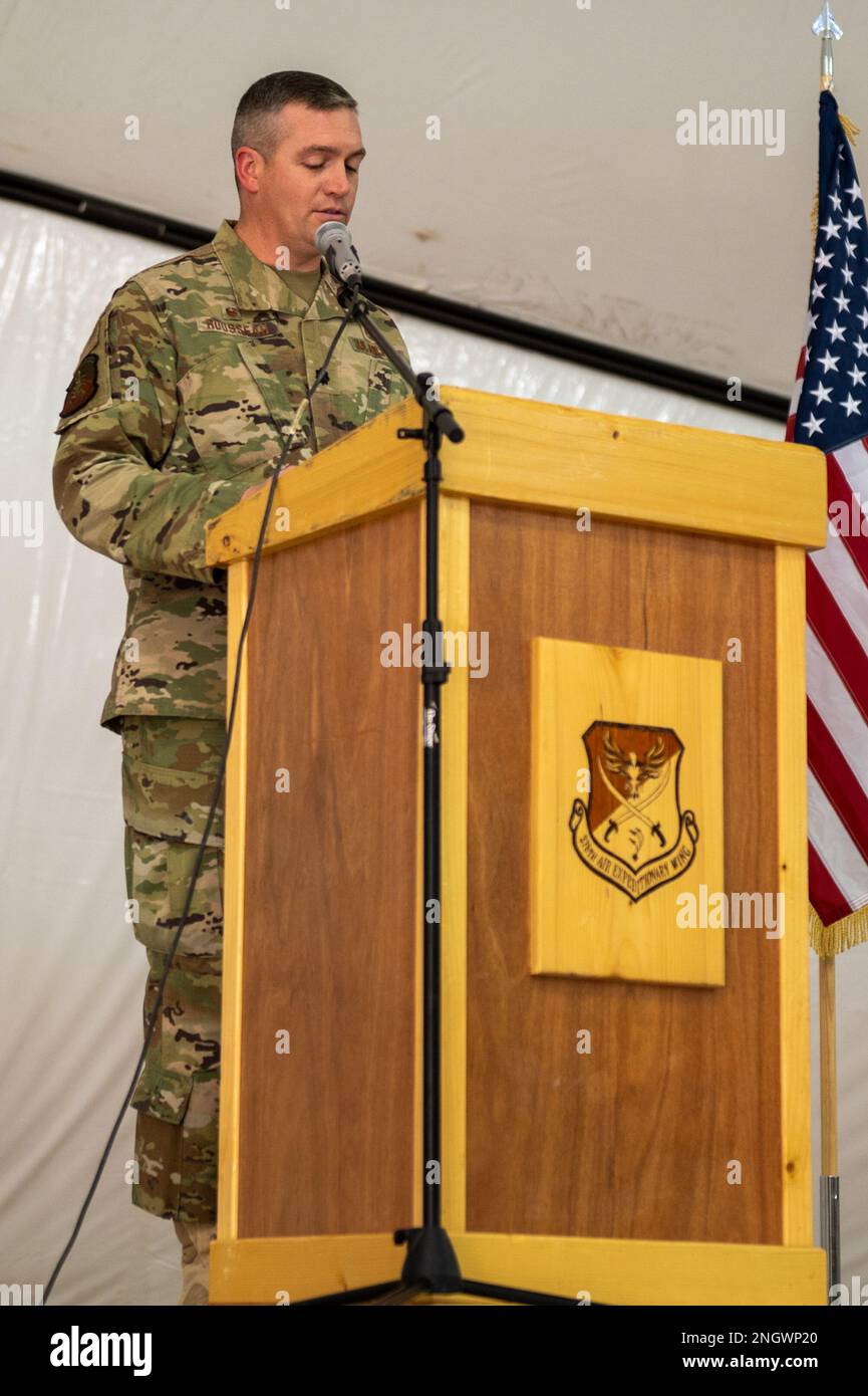 U.S. Air Force Lt. Col. Christoper Rousseau, delivers his final remarks ...