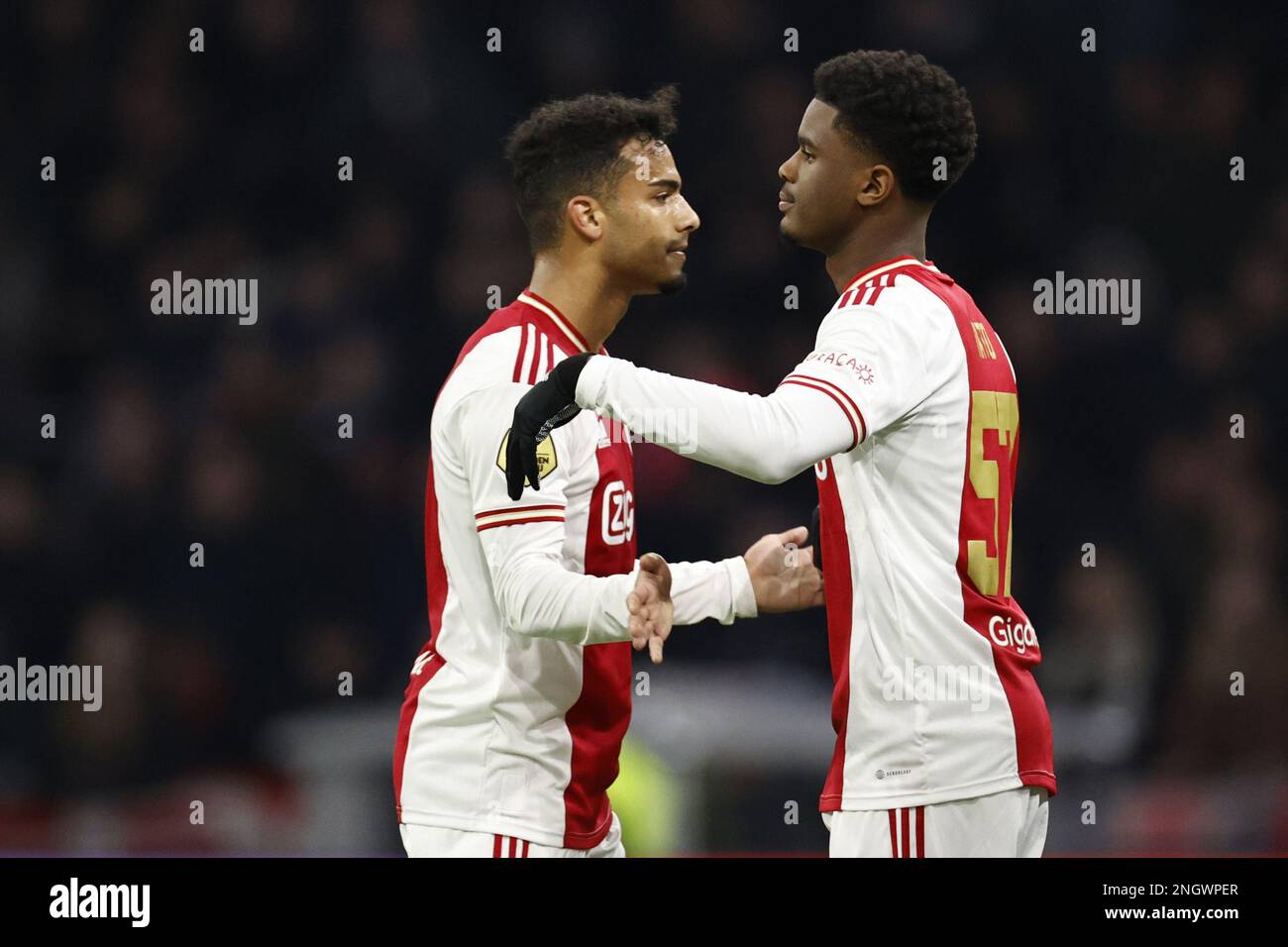 AMSTERDAM - (lr) Owen Wijndal of Ajax, Jorrel Hato of Ajax during the ...