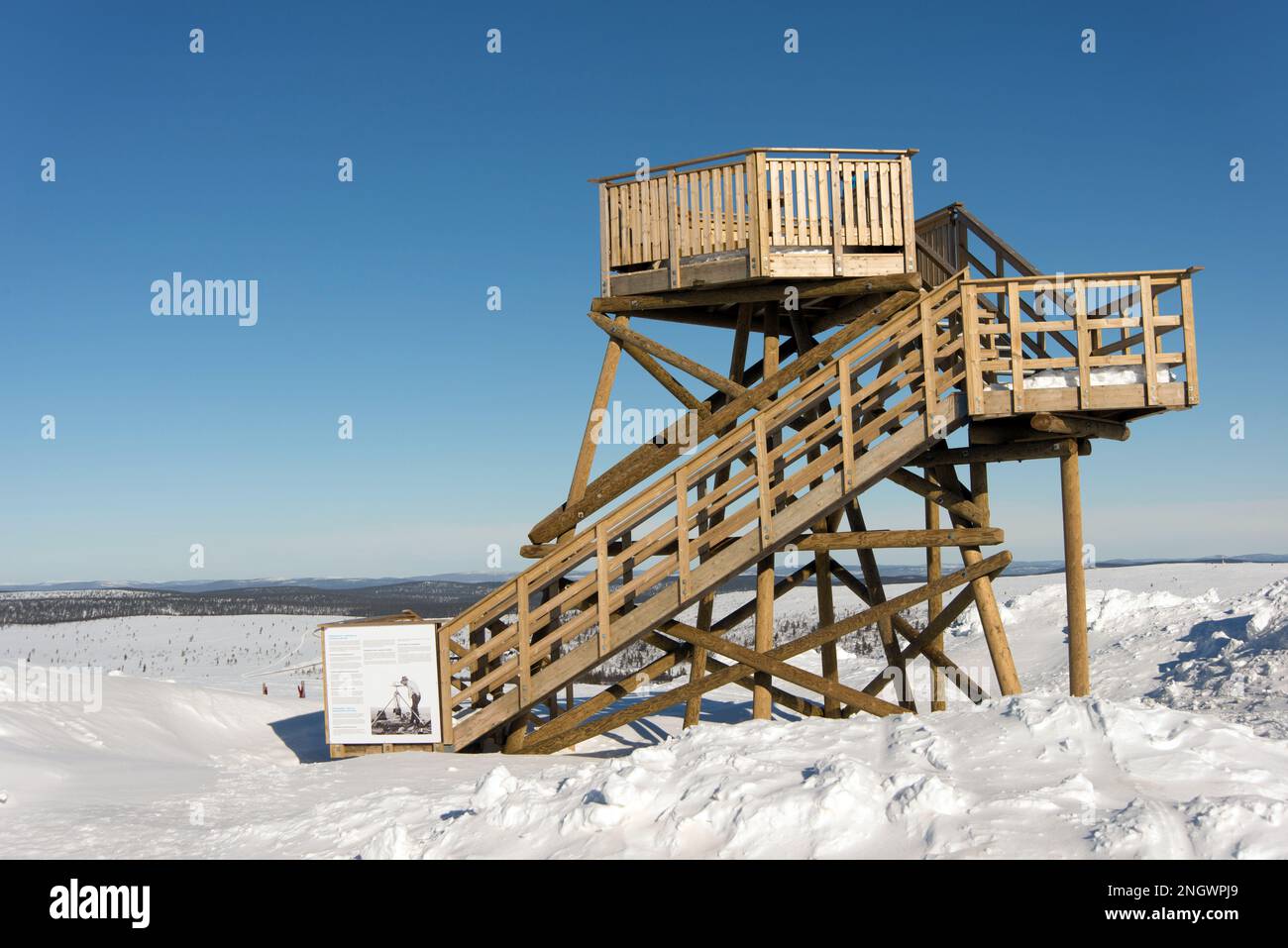 Wooden observation tower at Saariselka ski station. Lapland Stock Photo ...