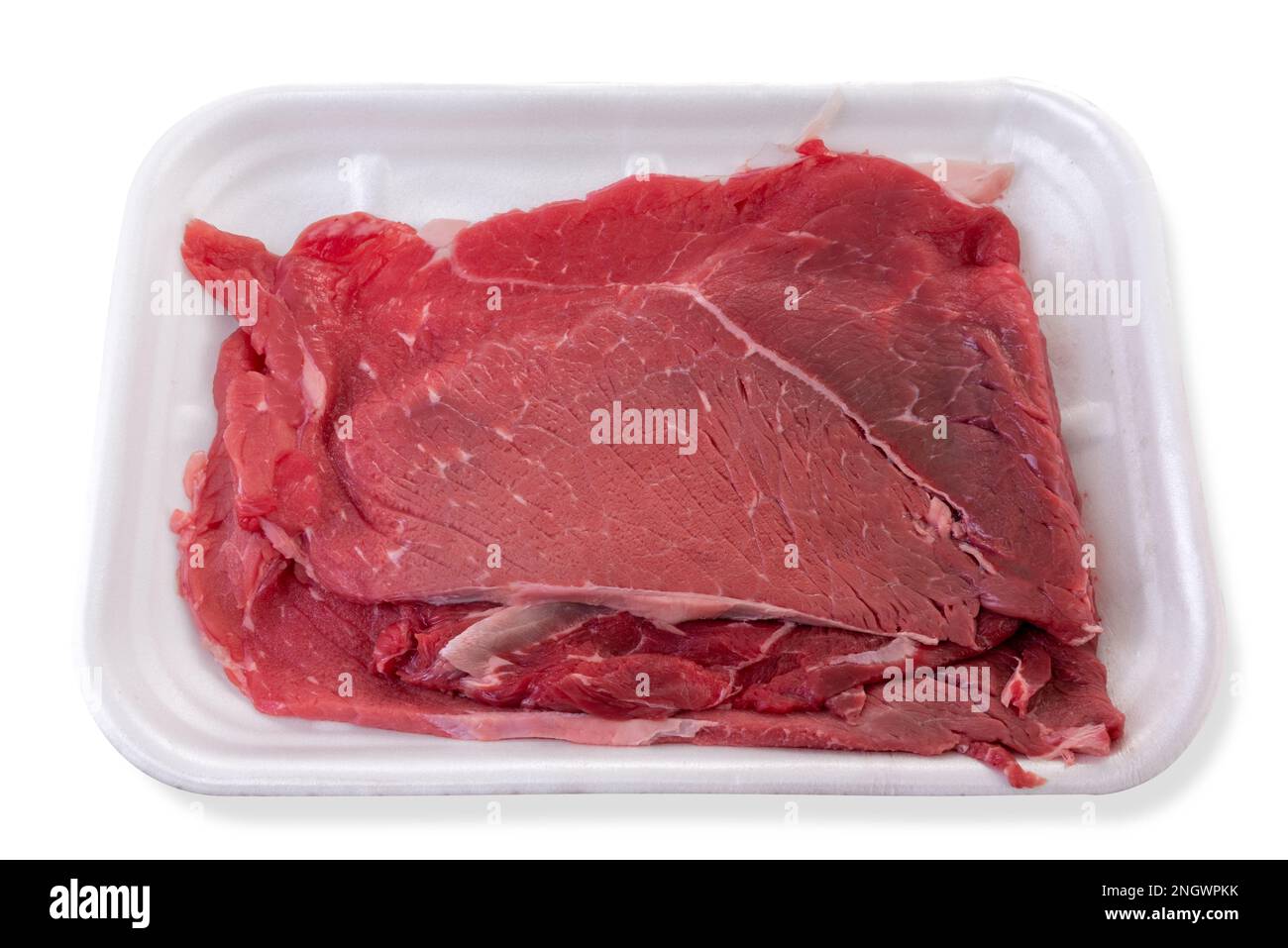 Slices of raw beef, beef steak in food plastic tray isolated on white ...