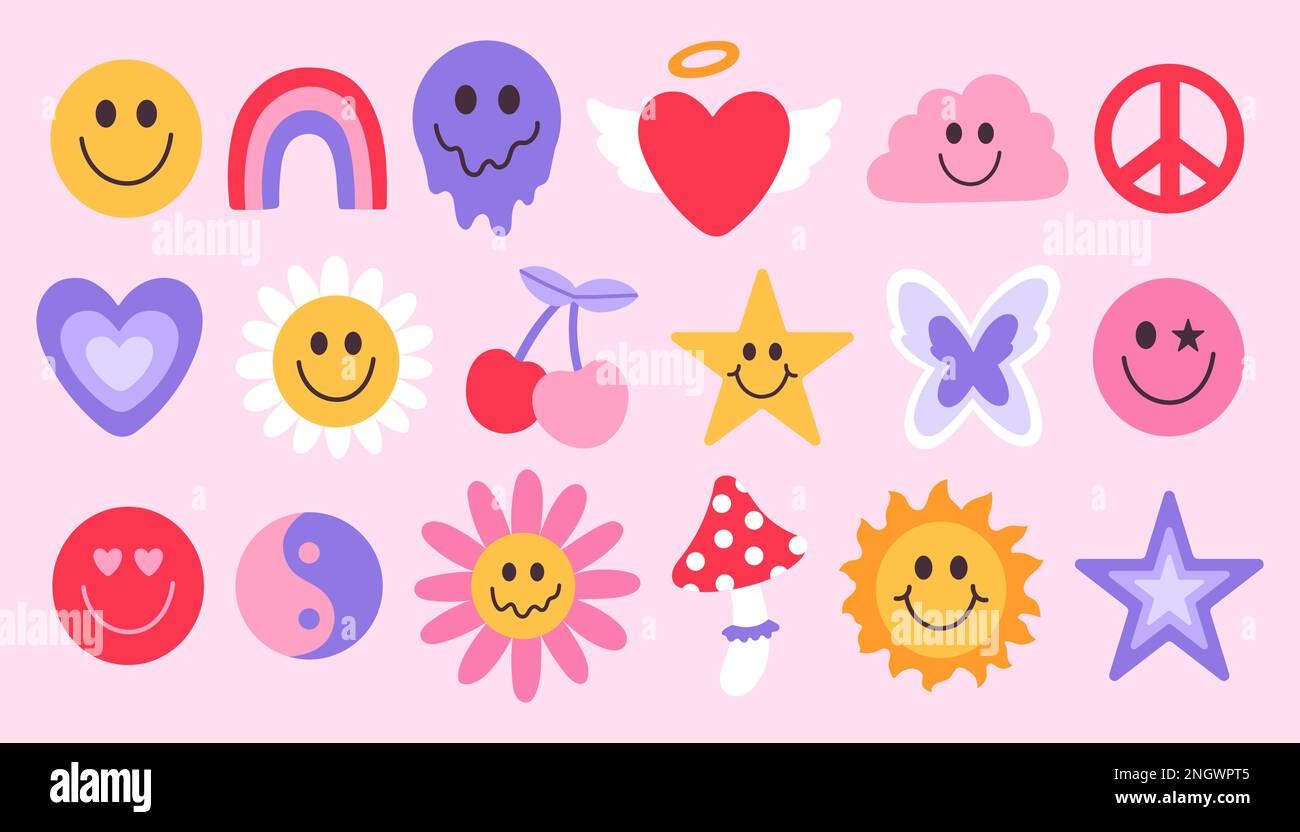 Y2K set of icons hearts, butterflies, badges and stickers. Glamorous ...