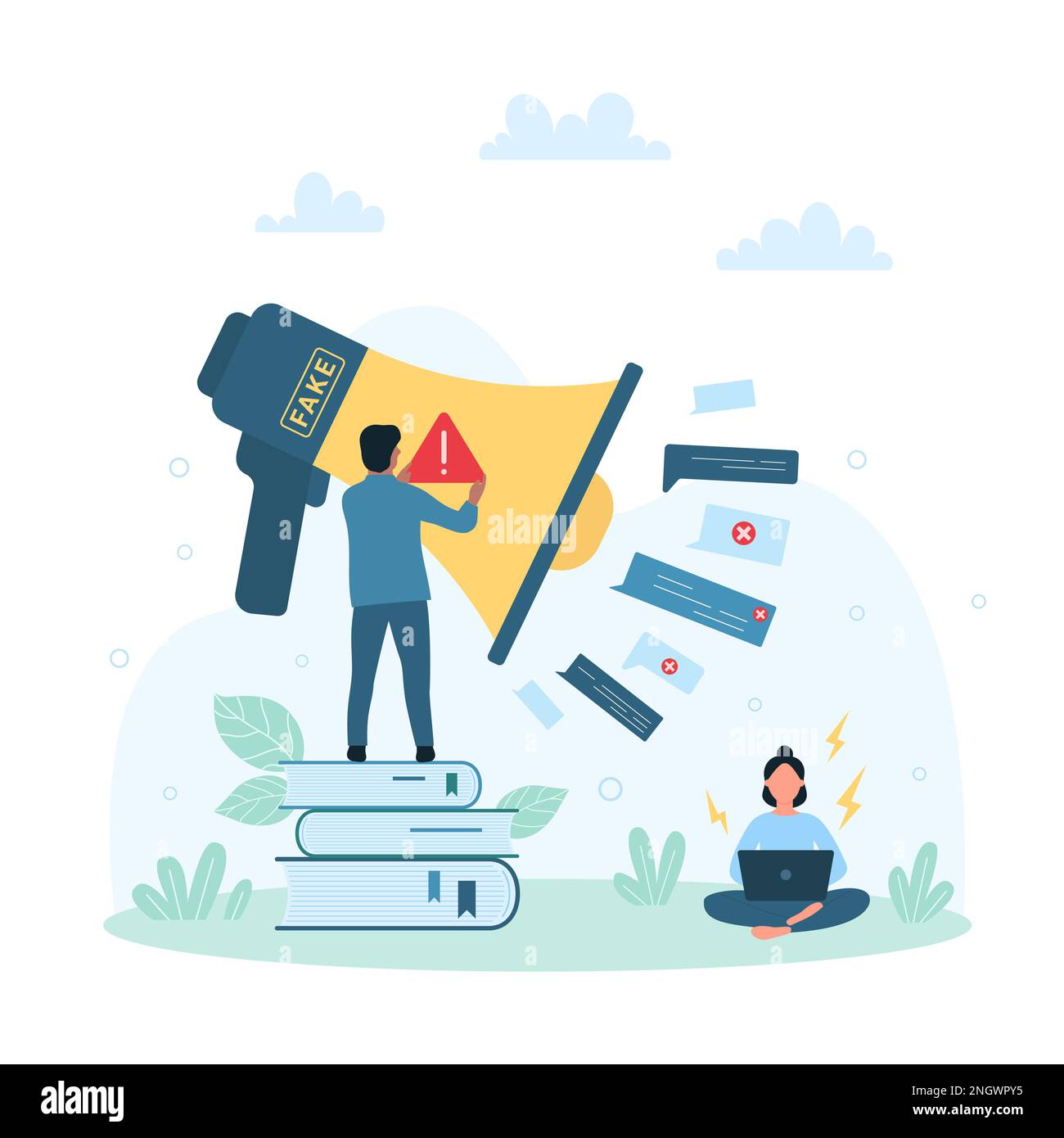 Fake news vector illustration. Cartoon tiny people putting warning ...