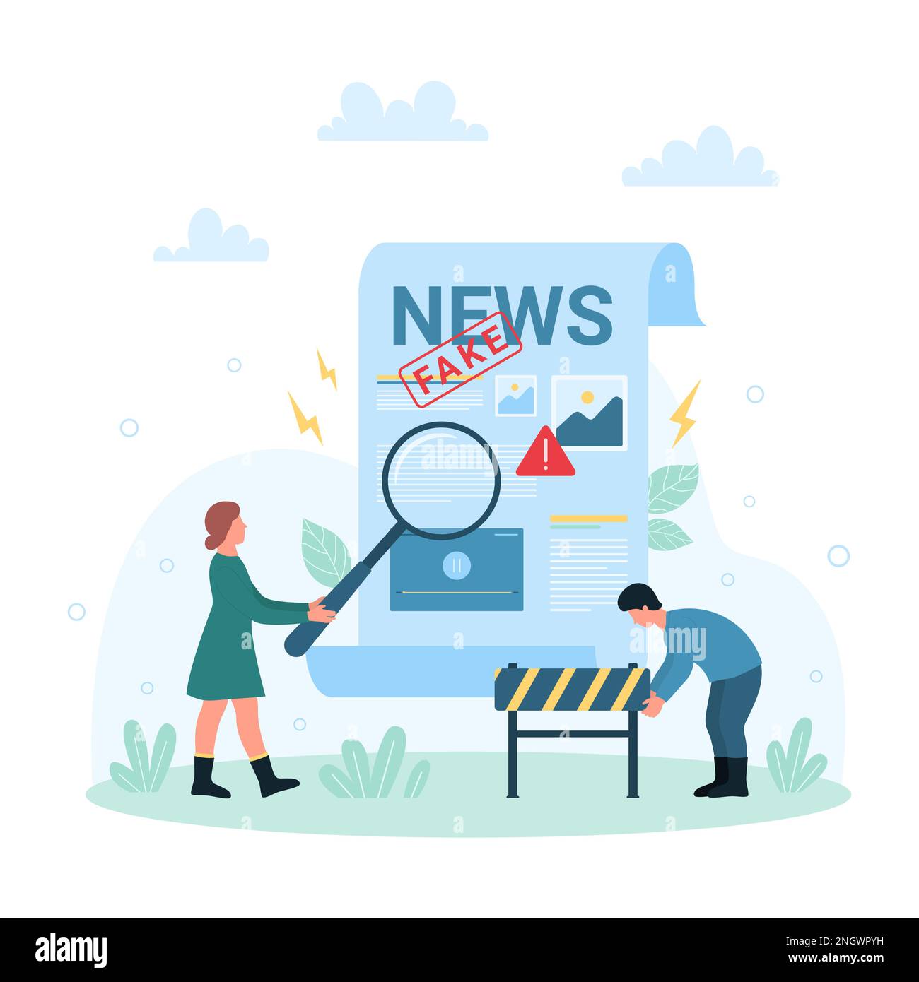 Fake news vector illustration. Cartoon tiny people research facts and ...
