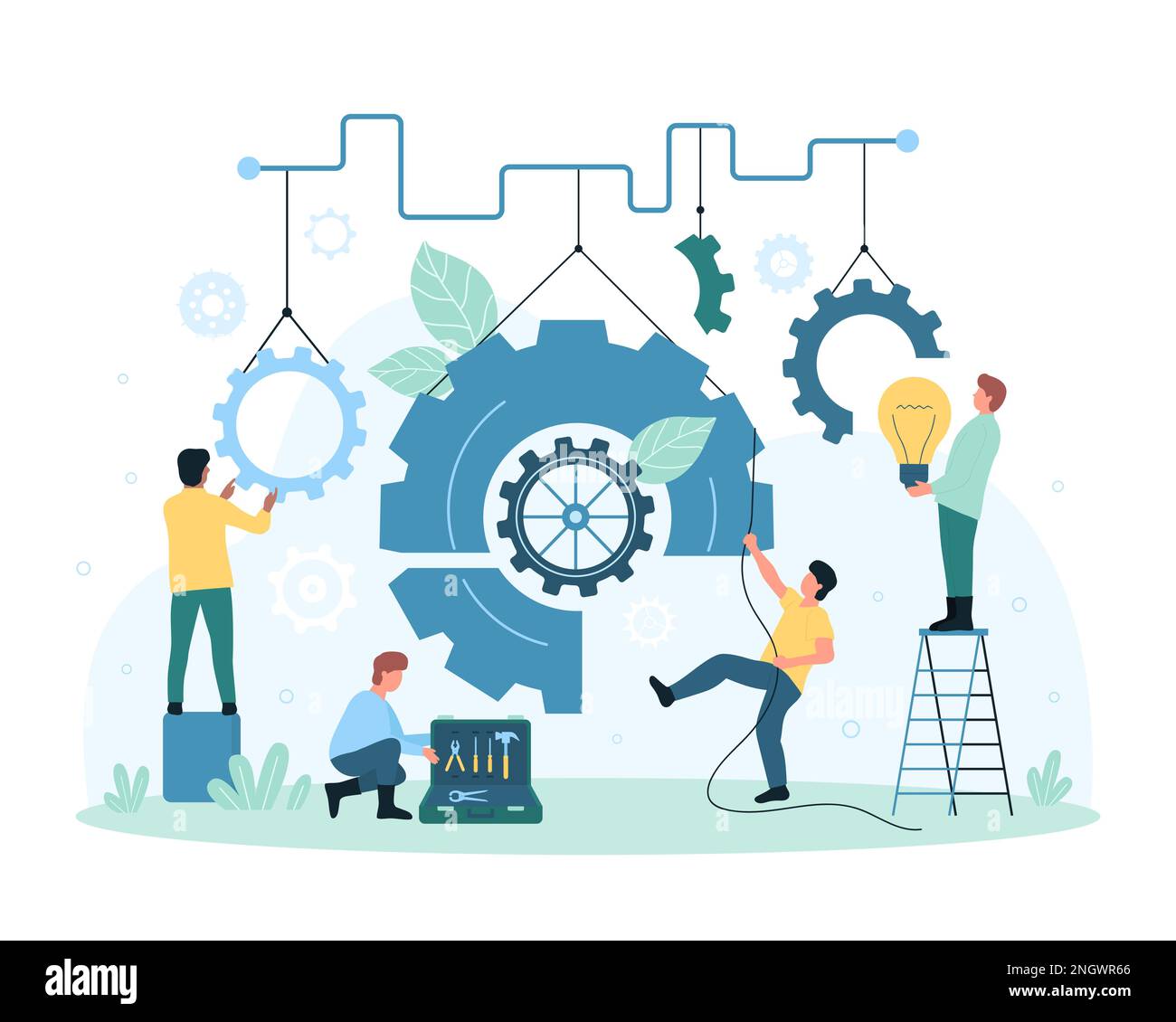 Teamwork for business improvement vector illustration. Cartoon tiny ...