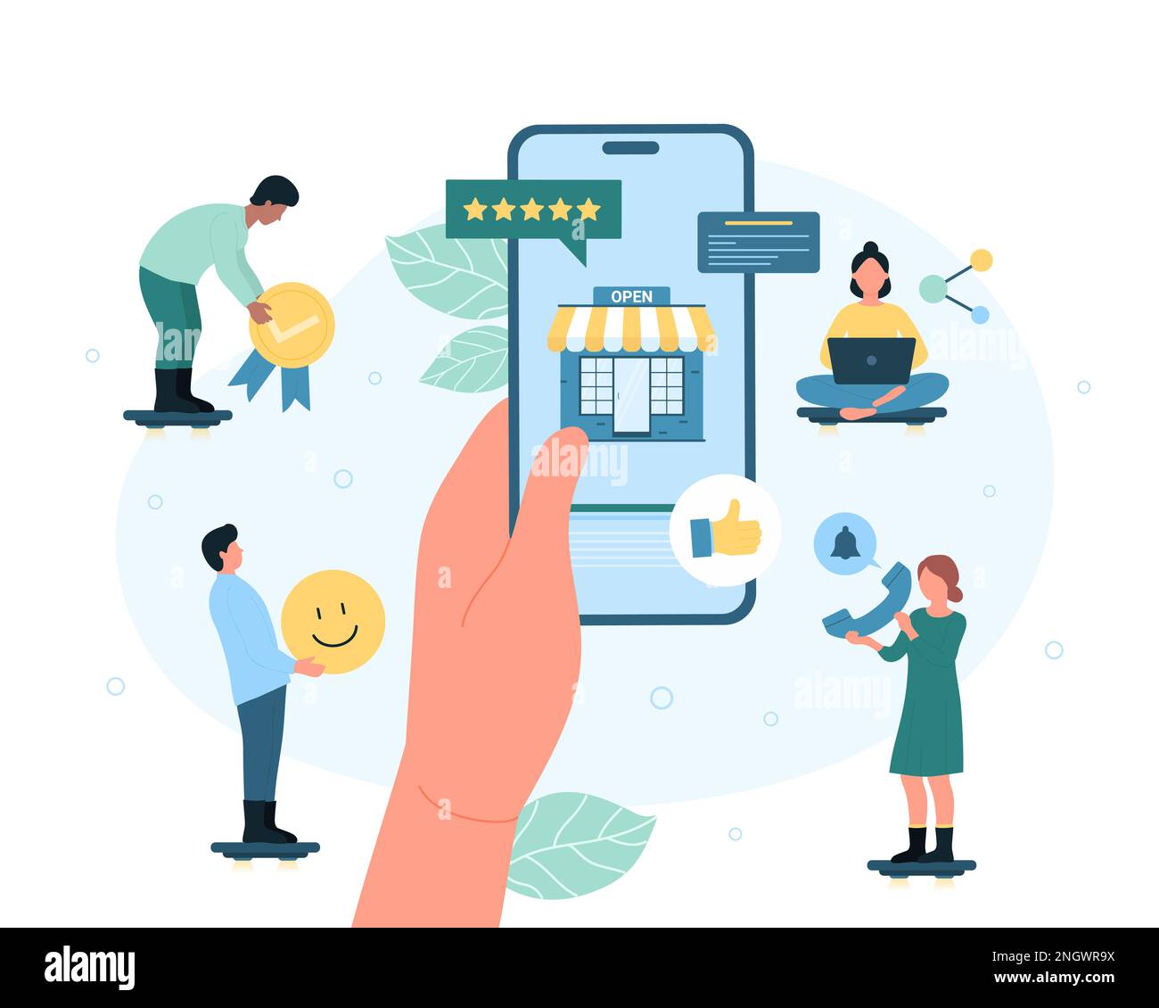 Customer feedback vector illustration. Cartoon hand holding phone with ...