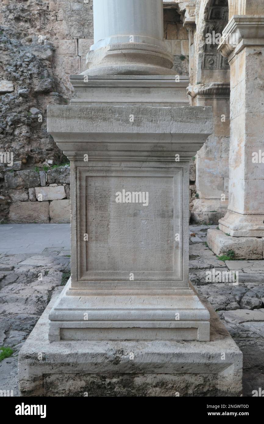 Pedestal of the antique roman Adrian gates column in city of Antalya ...