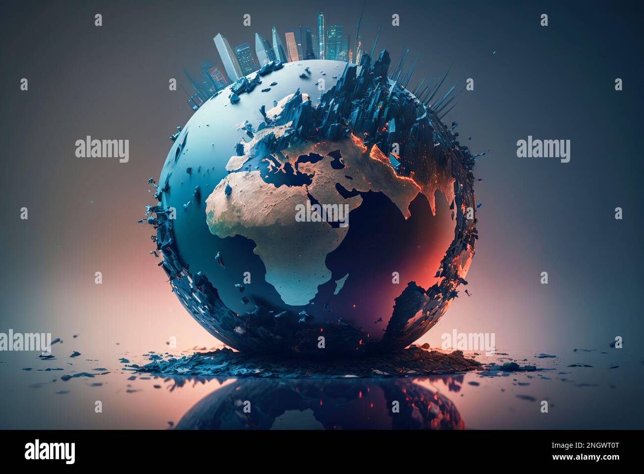 Earth on a background of grass and clouds versus a ruined Earth on a ...