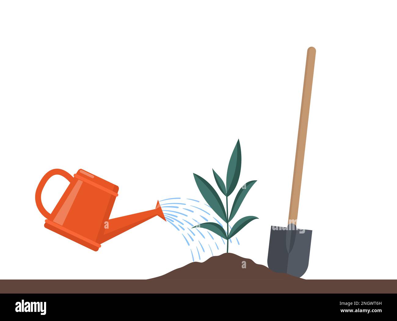 Just planted in the ground sprout with watering can and water drops ...