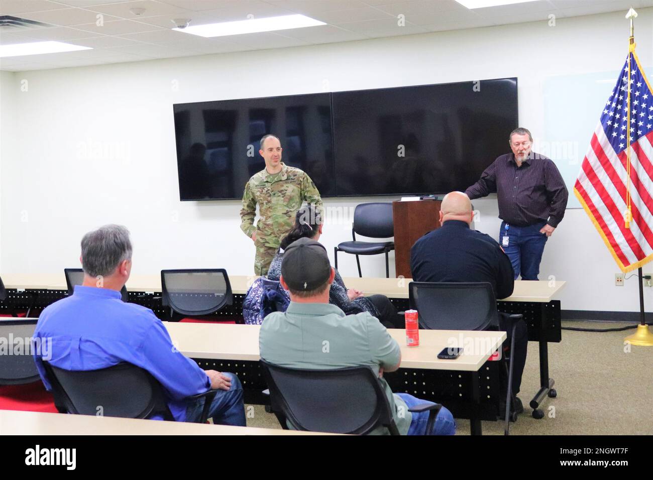 Fort McCoy Garrison Commander Col. Stephen Messenger talks to audience ...
