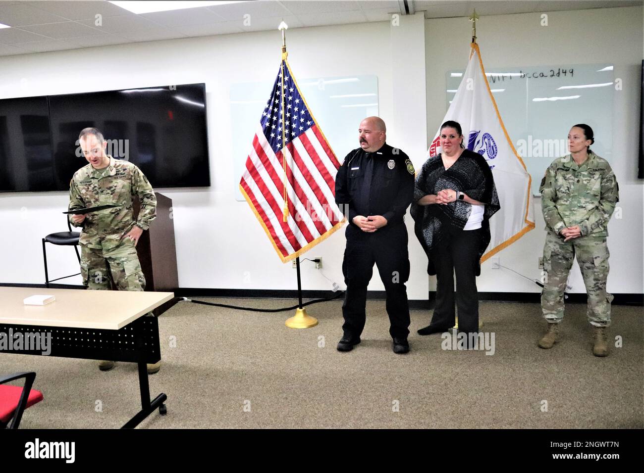 Fort McCoy Garrison Commander Col. Stephen Messenger talks to audience ...