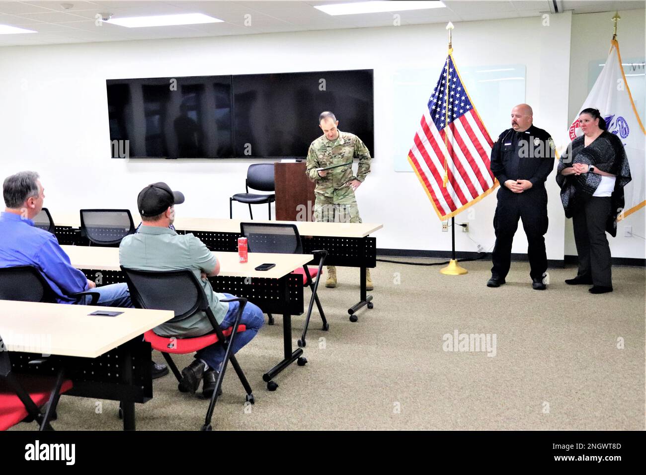 Fort McCoy Garrison Commander Col. Stephen Messenger talks to audience ...