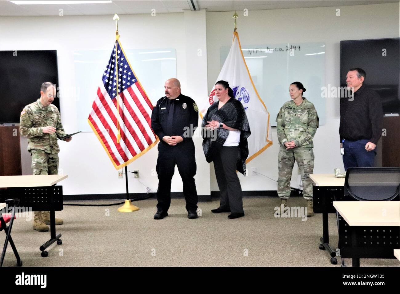 Fort McCoy Garrison Commander Col. Stephen Messenger talks to audience ...