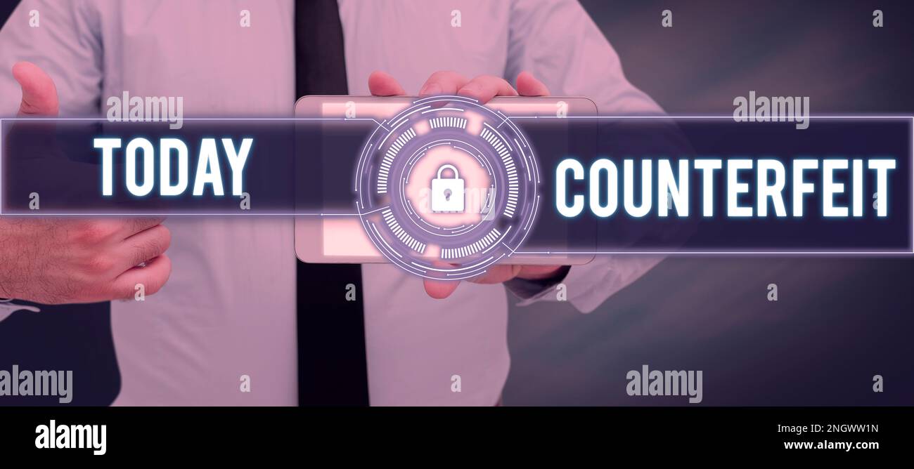 Hand writing sign Counterfeit. Business showcase made in imitation of ...