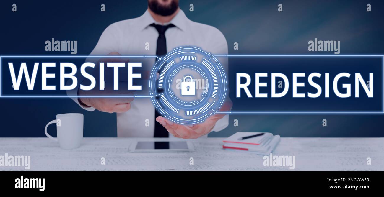 Hand writing sign Website Redesign. Word Written on modernize improver or evamp your website's ...