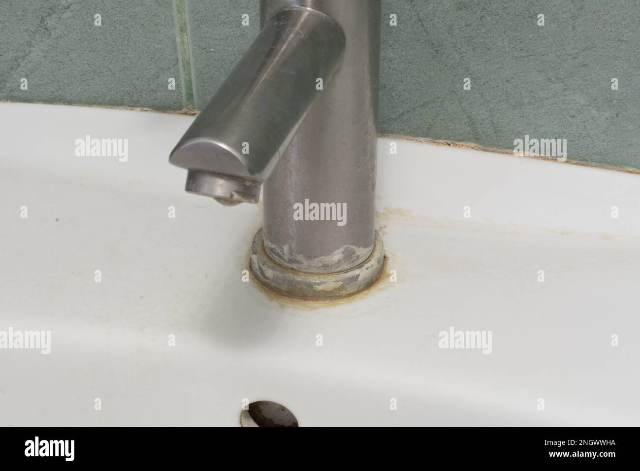 Faucet limescale. Dirty faucet with stain and limescale in bathroom ...