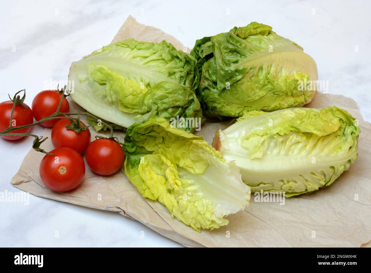 Baby lettuce and tomatoes on wrapping paper Stock Photo - Alamy