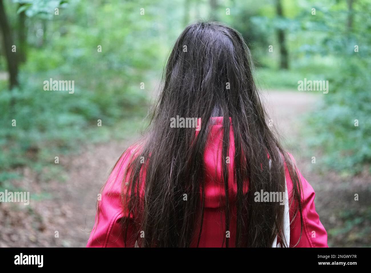 rear view of unrecognizable young woman during a walk in the woods ...