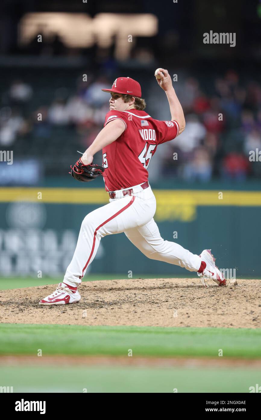 February 18, 2023: Razorback pitcher Gage Wood #45 works from the mound ...