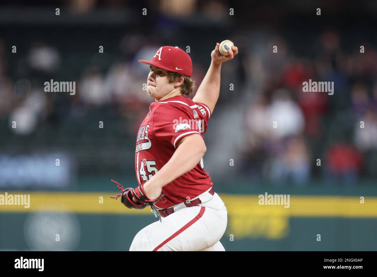 February 18, 2023: Razorback pitcher Gage Wood #45 works from the mound ...