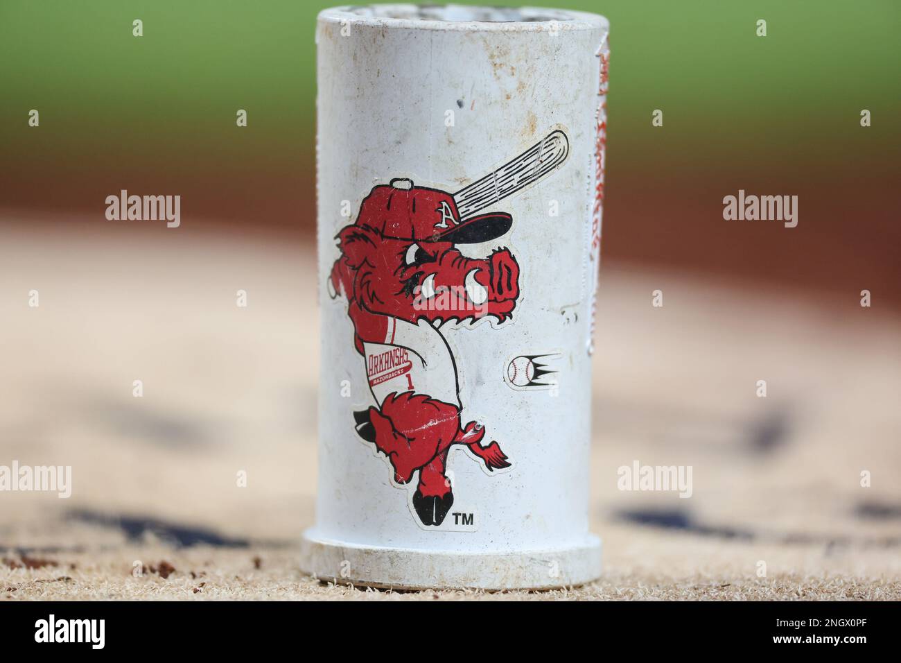 Deck Circle. 18th Feb, 2023. Arkansas bat weight sits in the on deck ...