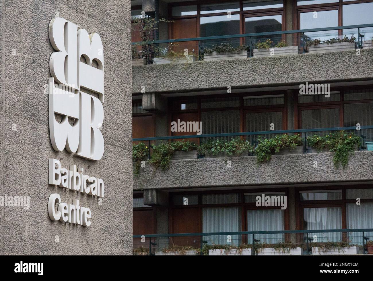 Barbican Centre London signage and windows Stock Photo - Alamy