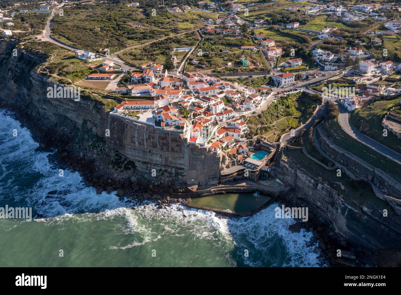 Aerial view, cliff, Azenhas do Mar, Sintra coast, Portugal Stock Photo ...