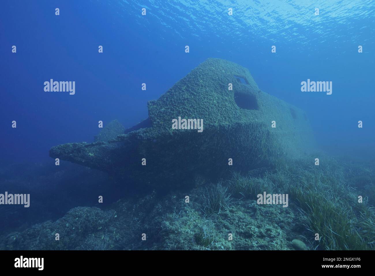 Wreck of the Cimentiere in the Mediterranean Sea near Hyeres. Dive site ...