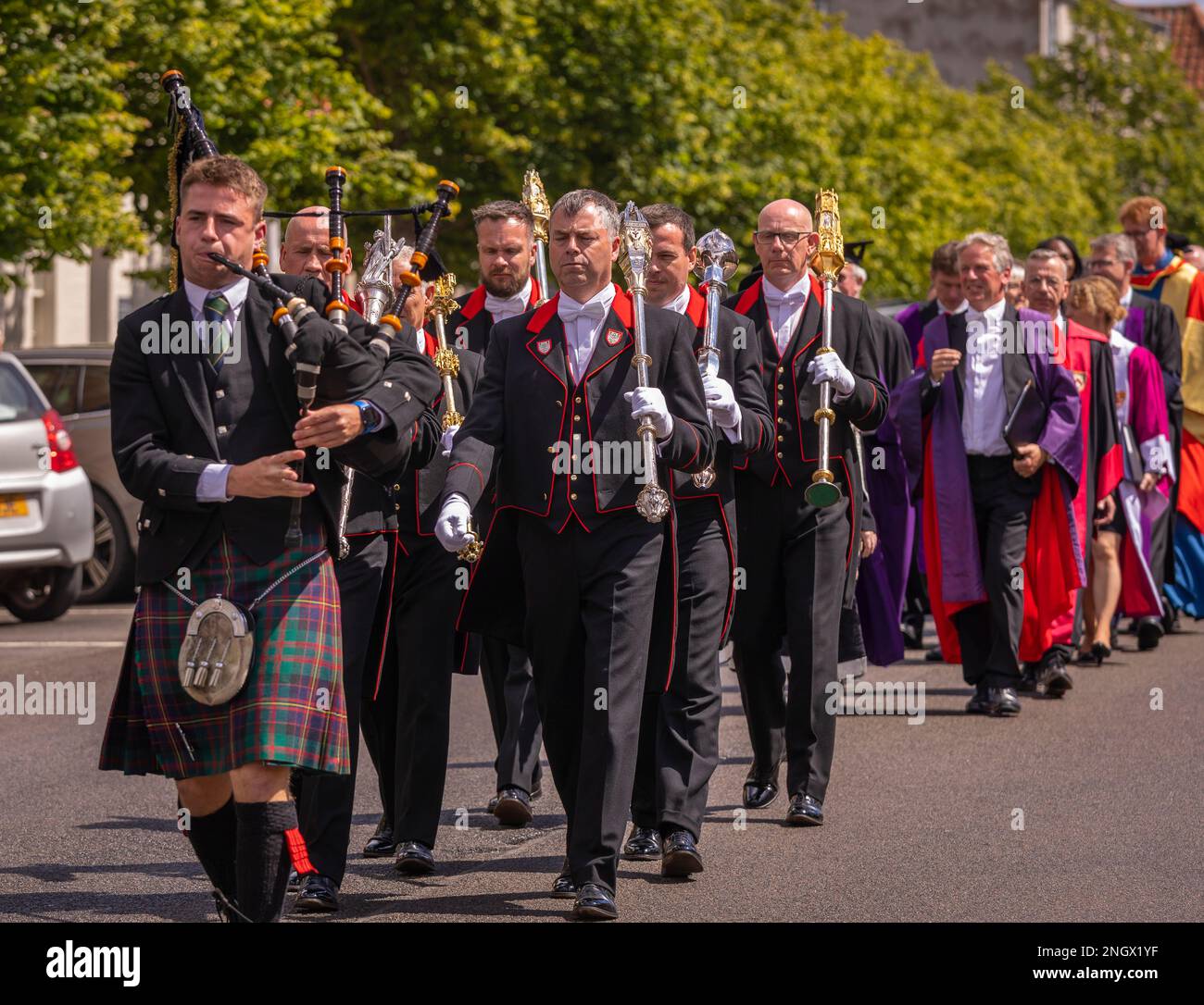 ST ANDREWS, FIFE, SCOTLAND, EUROPE - Bag Piper and mace bearers, during ...