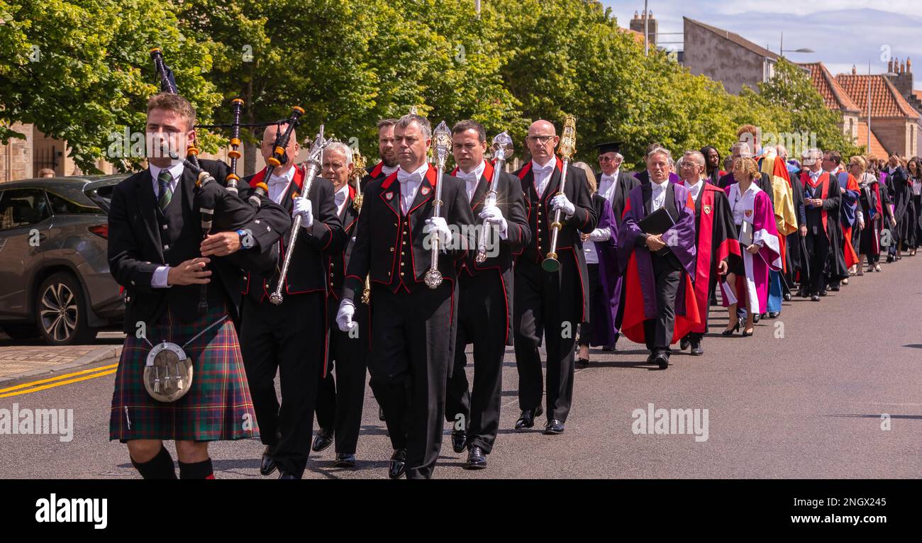 ST ANDREWS, FIFE, SCOTLAND, EUROPE - Bag Piper and mace bearers, during ...