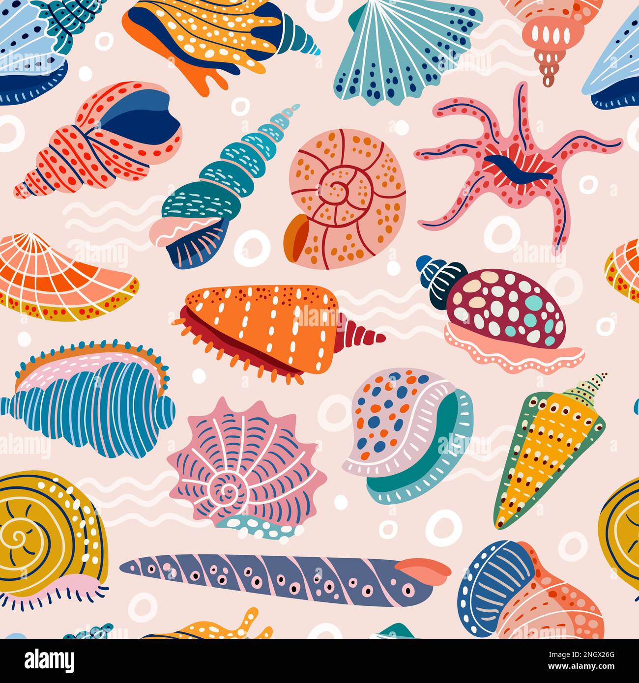 Seashell pattern. Doodle stylized seashells pictures recent vector ...