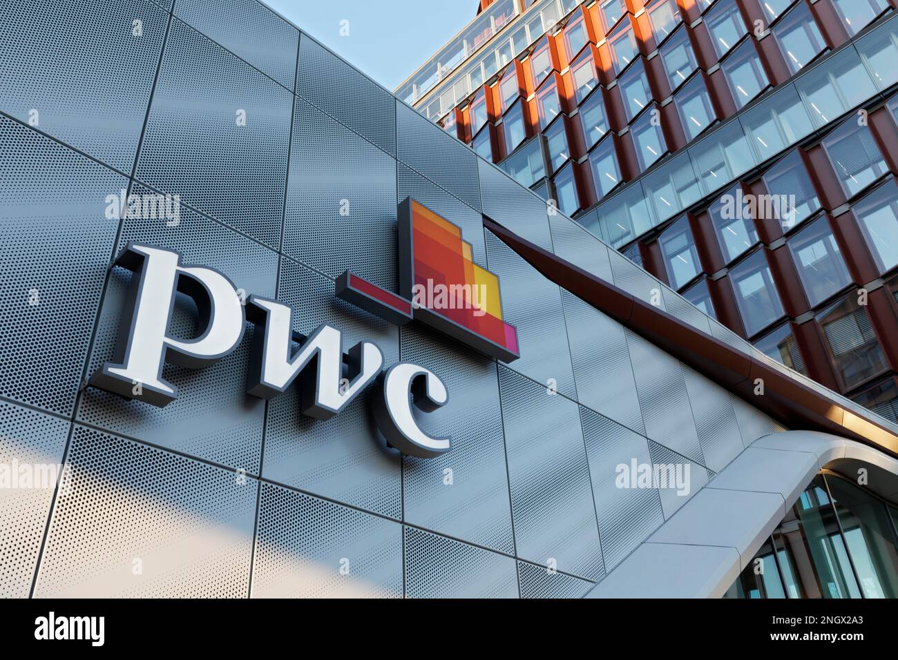 PWC logo on the Eclipse high-rise building, auditing firm PricewaterhouseCoopers AG, Duesseldorf ...