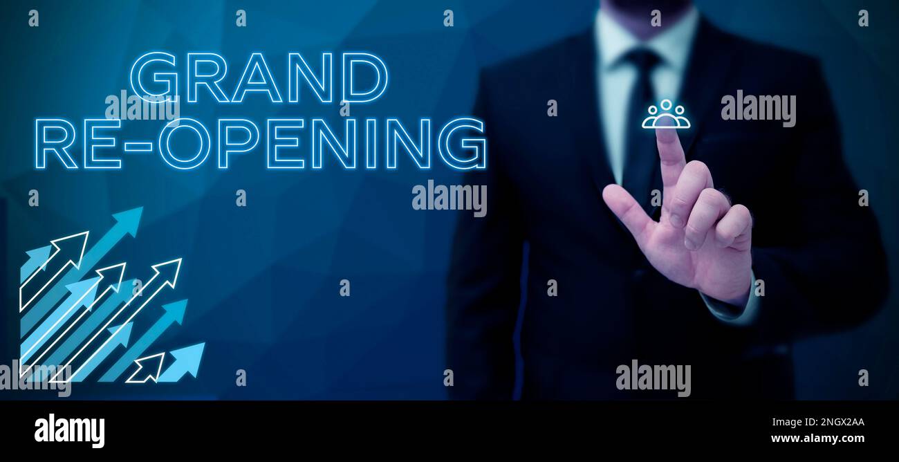 Text showing inspiration Grand Re Opening. Word for held to mark the ...