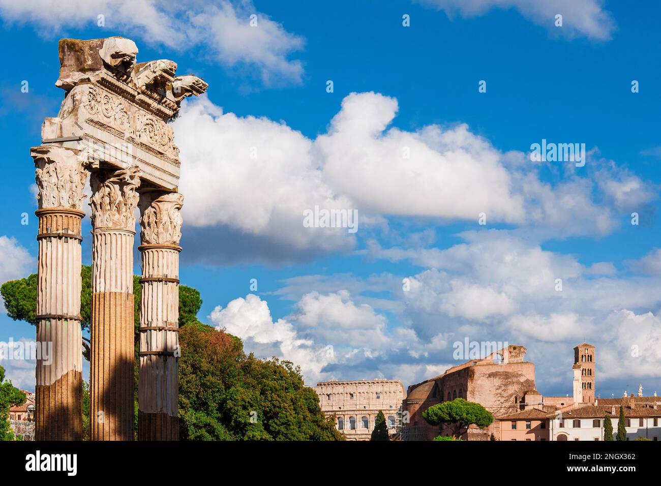 Archaeology in Rome. Temple of Venus Genetrix columns and Coliseum ...