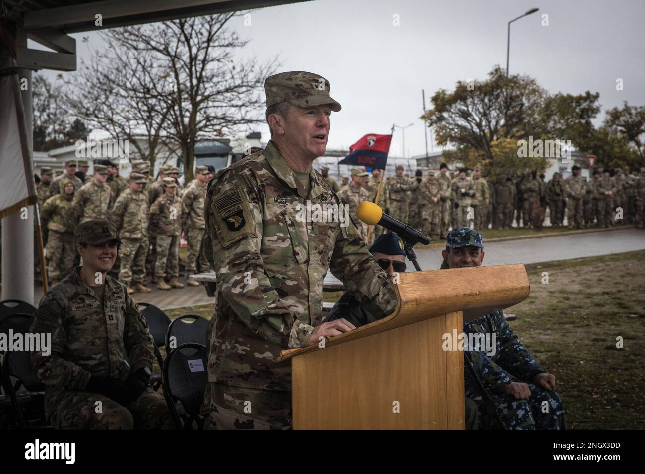 Maj. Gen. JP McGee, Commander of the 101st Airborne Division, gives a speech during the Air ...