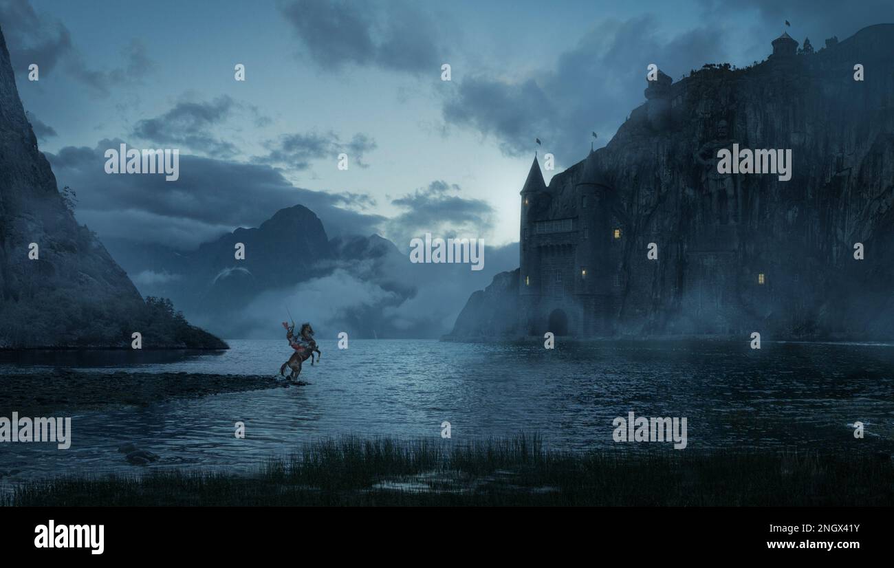 Medieval knight (soldier) prancing his horse and in the background a ...