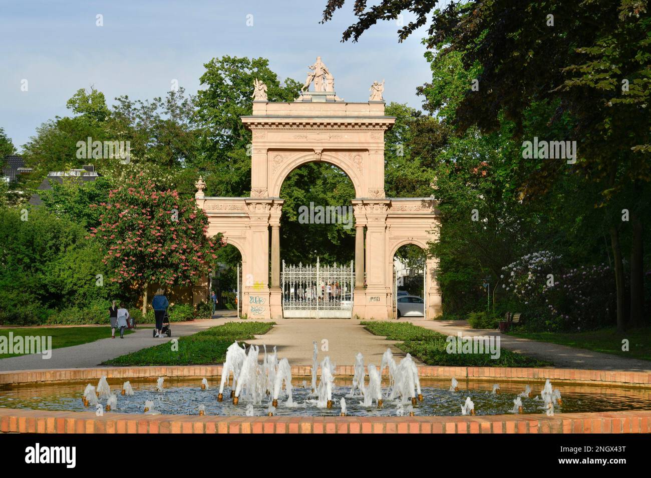 Entrance gate, fountain, Buergerpark, Pankow, Berlin, Germany Stock ...