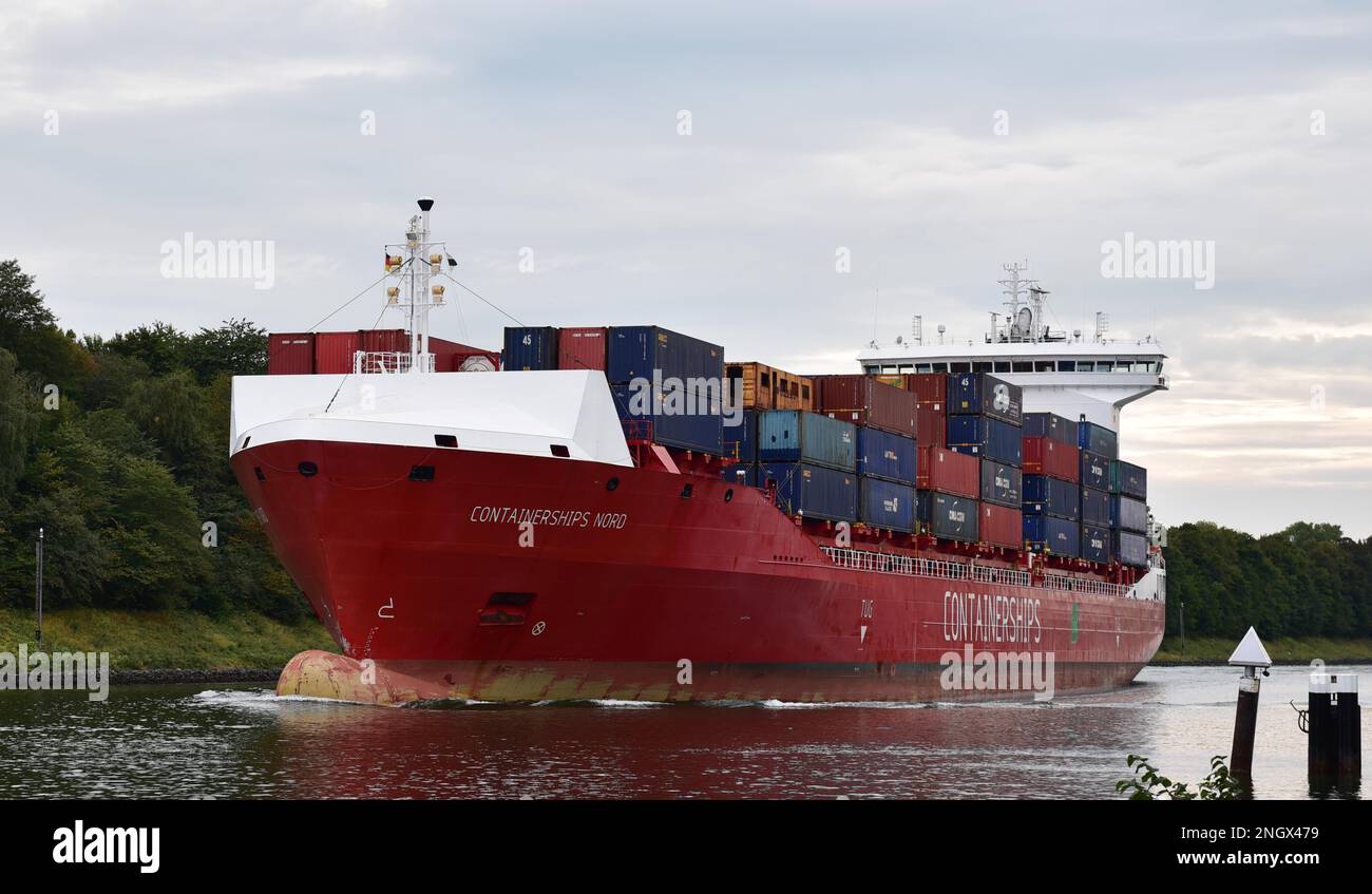 Container ship sailing in the Kiel Canal, Schleswig-Holstein, Germany ...