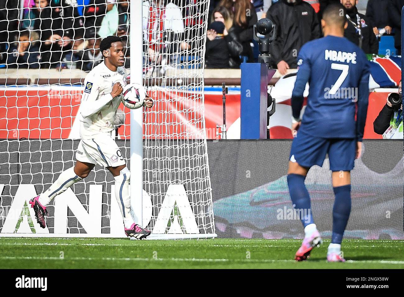 Jonathan DAVID of Lille celebrates his goal and Kylian MBAPPE of PSG ...