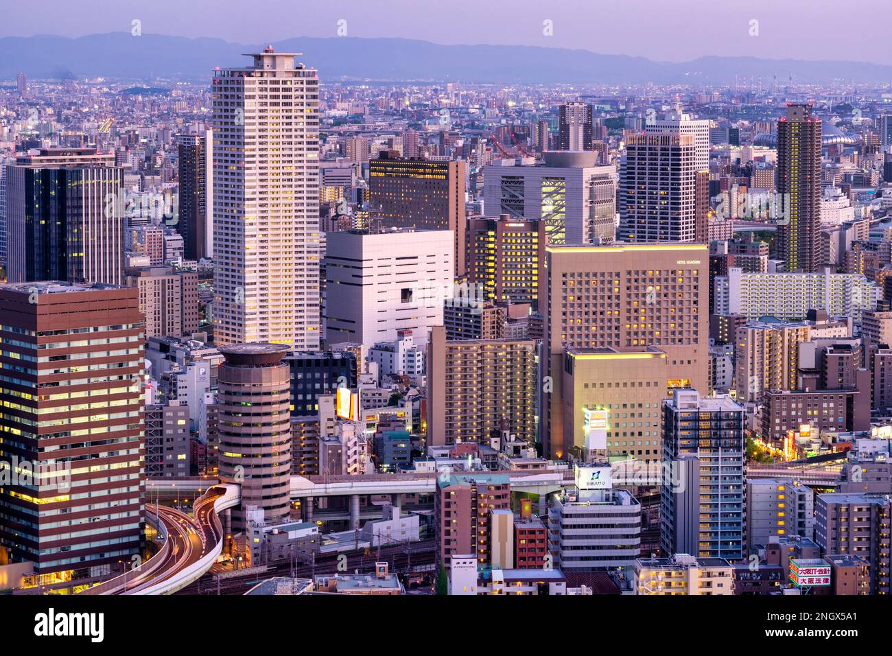 Osaka Japan. Aerial view of the city at dusk Stock Photo - Alamy