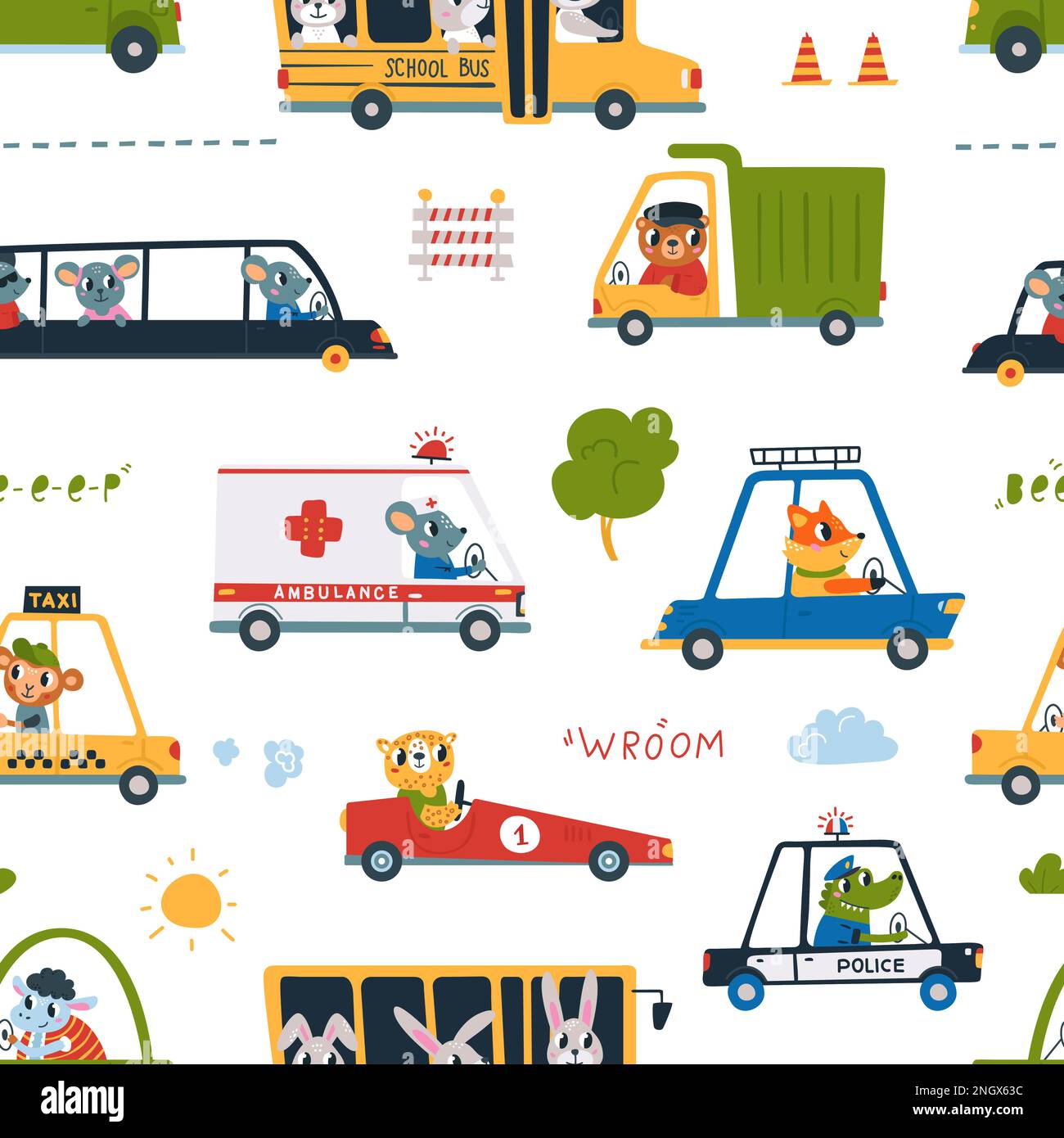 Kids transportation, animal in car seamless pattern. Cute animals ...