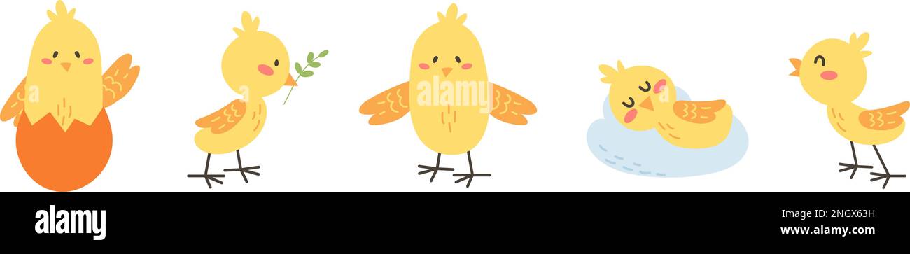 Cartoon chicken, yellow chick sleep eat greetings. Easter little chicks ...