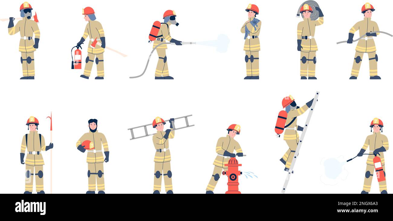 Firefighters flat characters with equipment. Fireman in uniform, emergency professional service ...