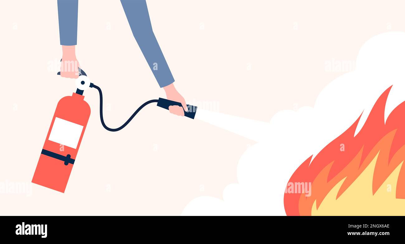 Extinguish fire poster. Emergency situations, man hands hold ...