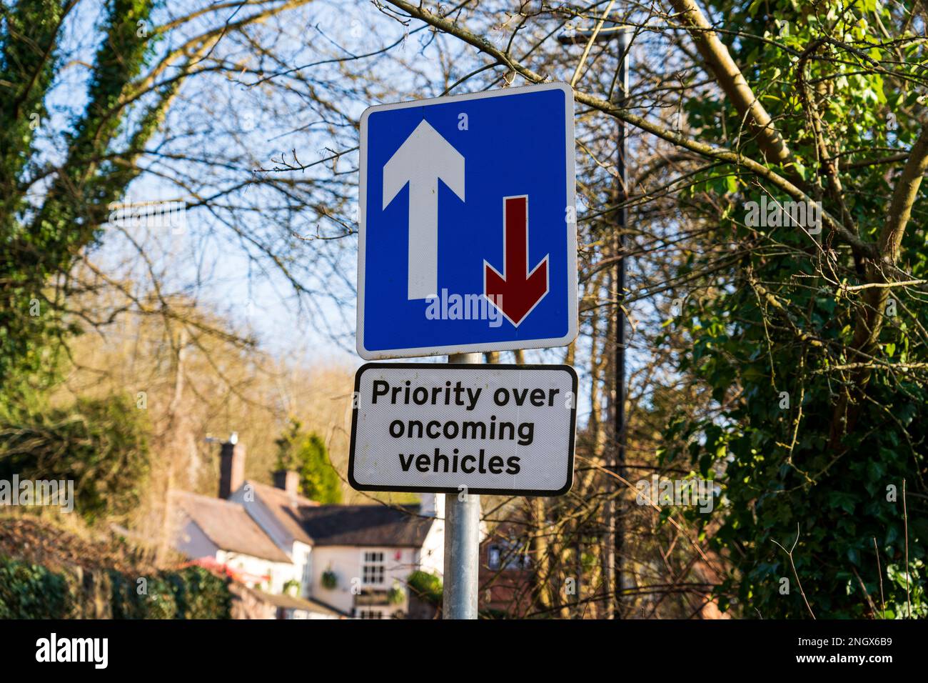 UK Traffic sign stating one side has priority over the other side on a ...