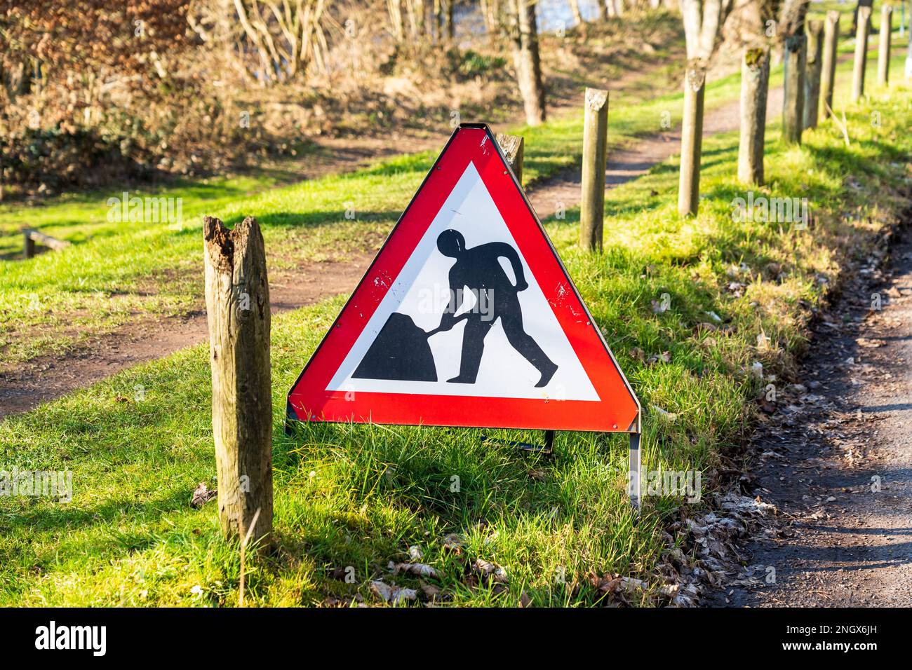 UK Traffic sign stating Road Works ahead on a red and white warning triangle Stock Photo - Alamy