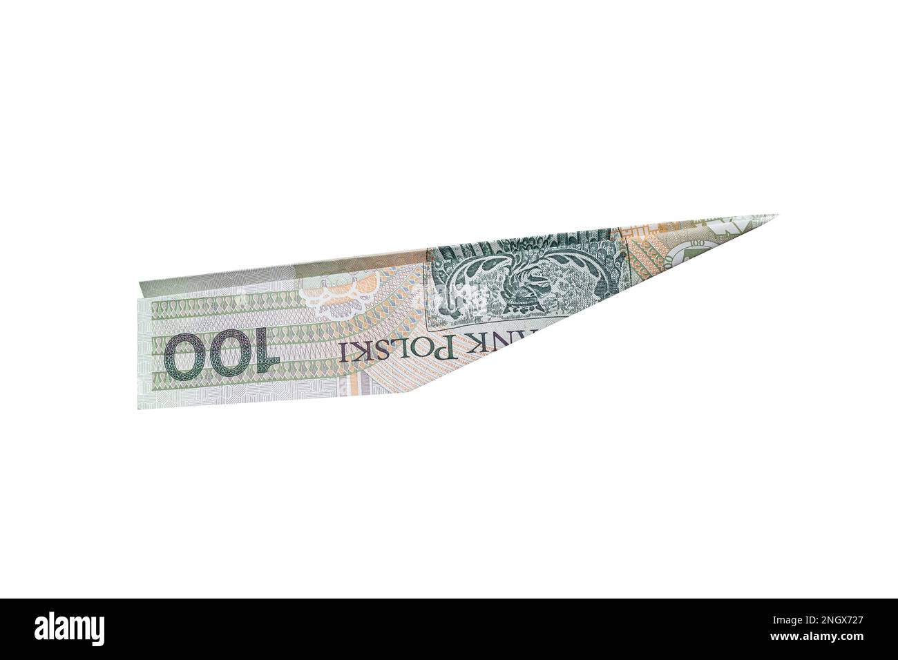Cash Polish zloty banknote folded into airplane isolated on white ...