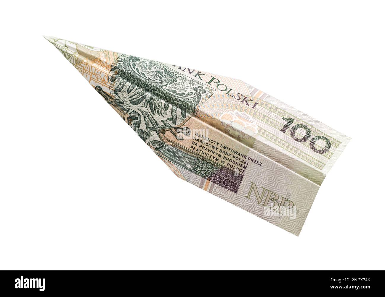 Cash Polish zloty banknote folded into airplane isolated on white ...