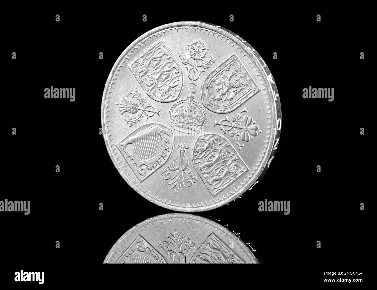 Reverse of a 1953 crown coin which were issued to commemorate the ...