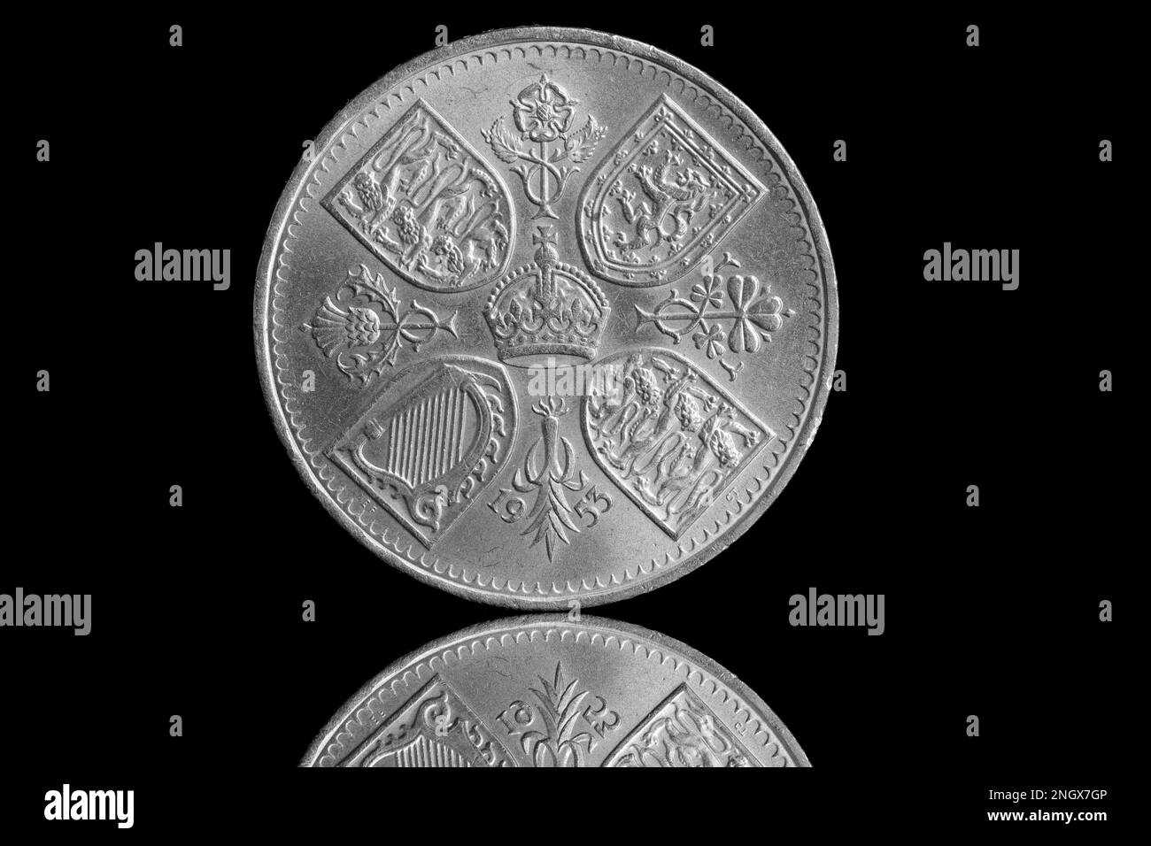 Reverse of a 1953 crown coin which were issued to commemorate the ...
