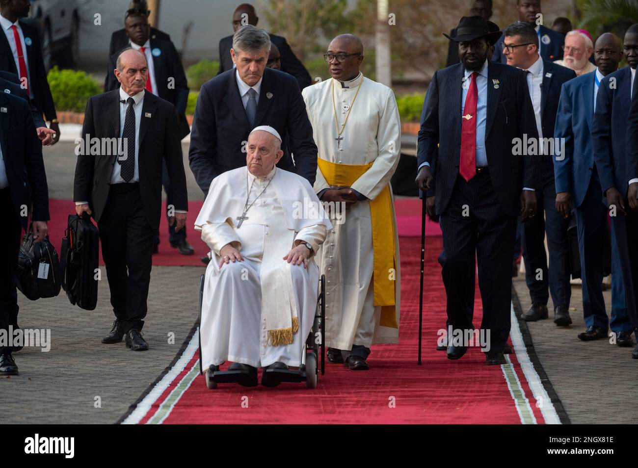 Friday February 3rd 2023: Juba South Sudan. The Pope with President Salva Kiir Mayardit (hat ...